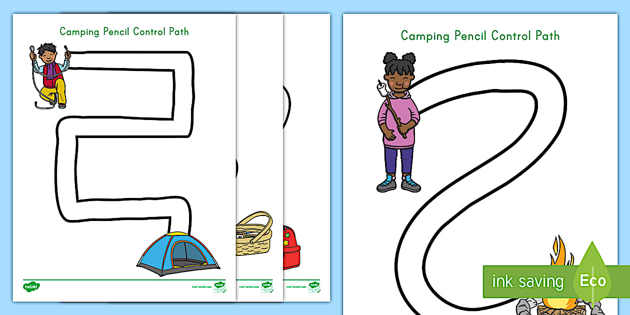 Camping Pencil Control Path Worksheets