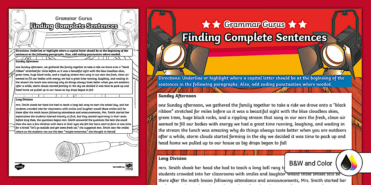Grammar Gurus Finding Complete Sentences Assessment for 6th-8th Grade