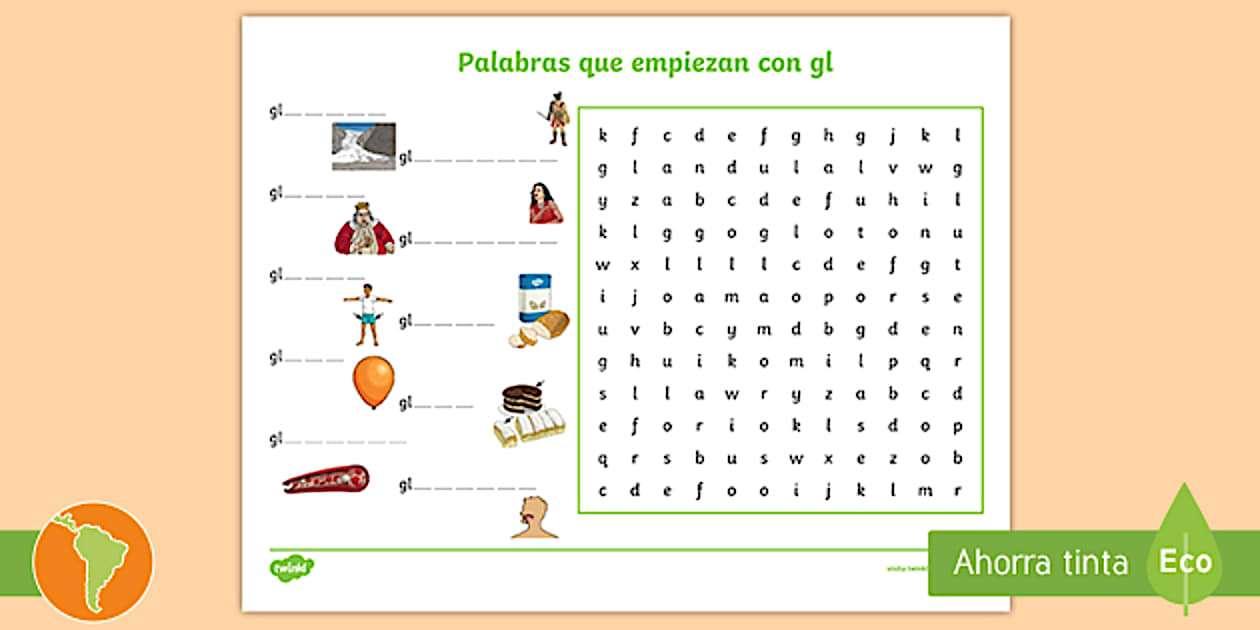Sopa de letras palabras con GL- Guía de trabajo - Twinkl