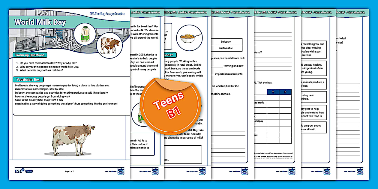 ESL World Milk Day Reading Comprehension [Teens, B1]