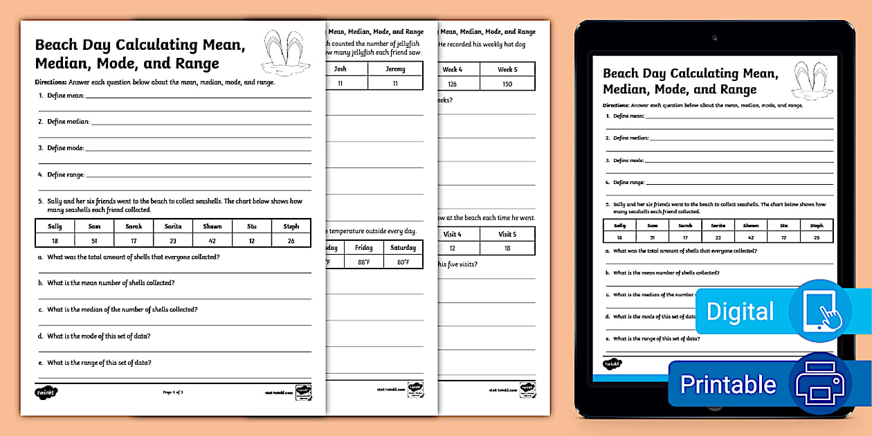 Sixth Grade Beach Day Calculating Mean, Median, Mode, and Range Math ...