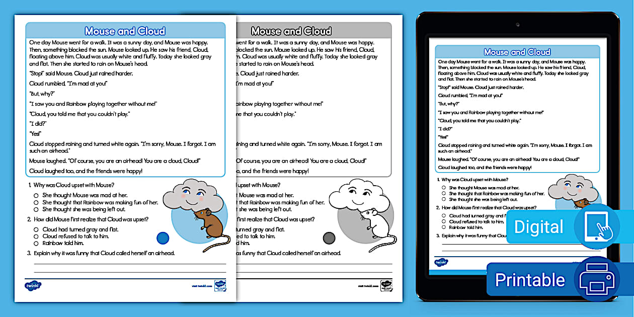 Second Grade Mouse and Cloud Reading Comprehension | Twinkl