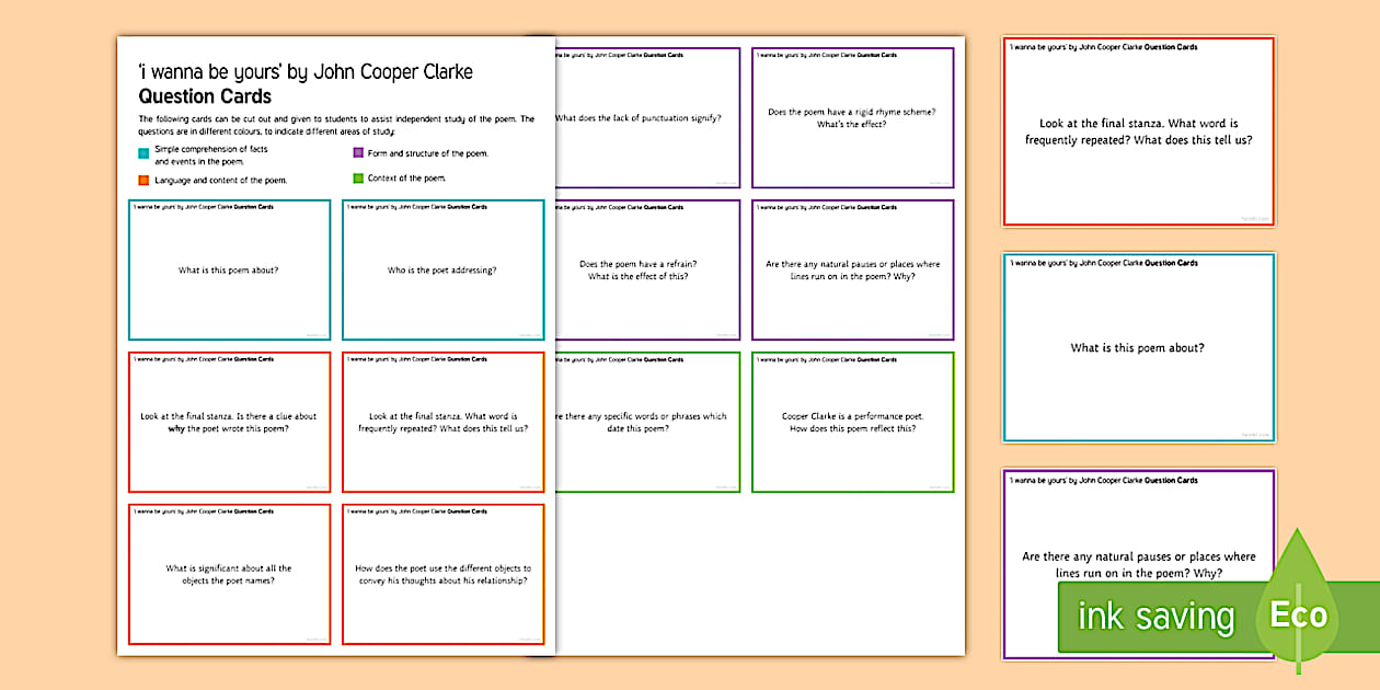 GCSE 'i wanna be yours' by John Cooper Clarke Question Cards