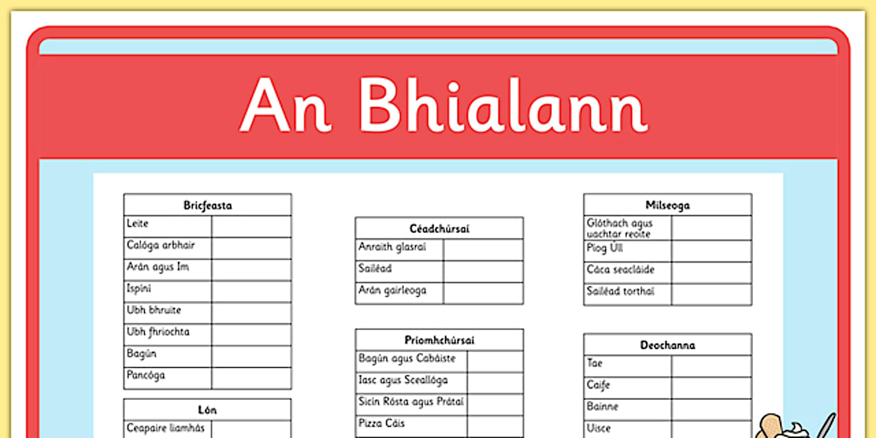Role Play Waiters Checklist (Biachlár) Gaeilge - Twinkl