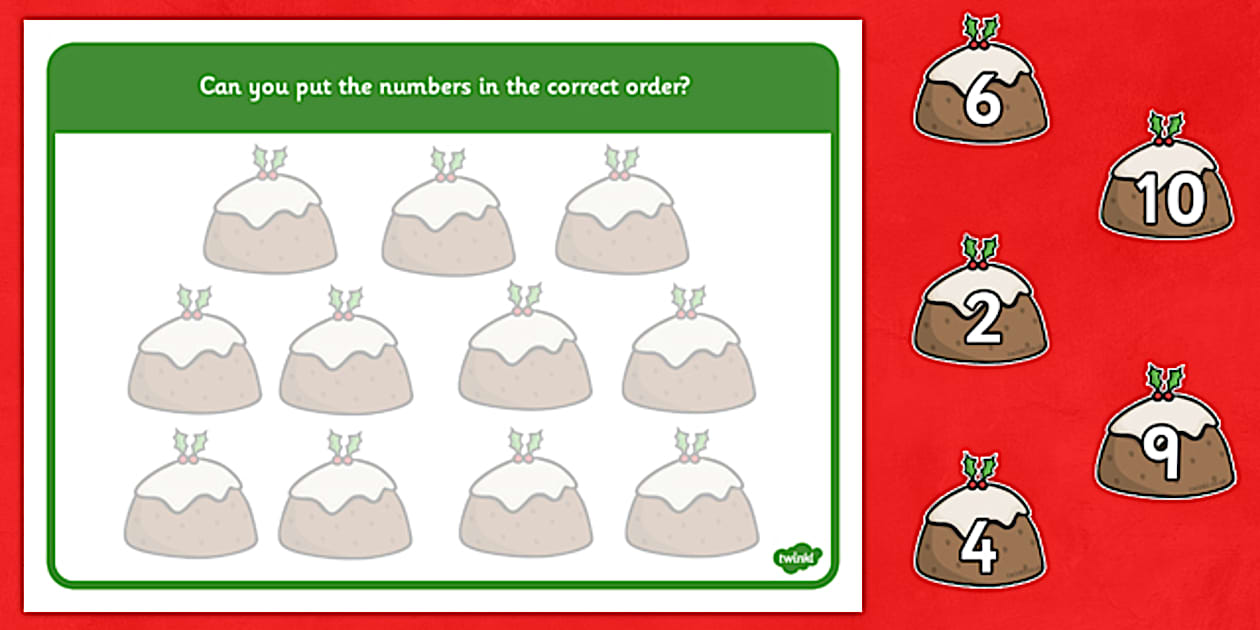 Christmas Themed Number Ordering (Christmas Puddings) - christmas