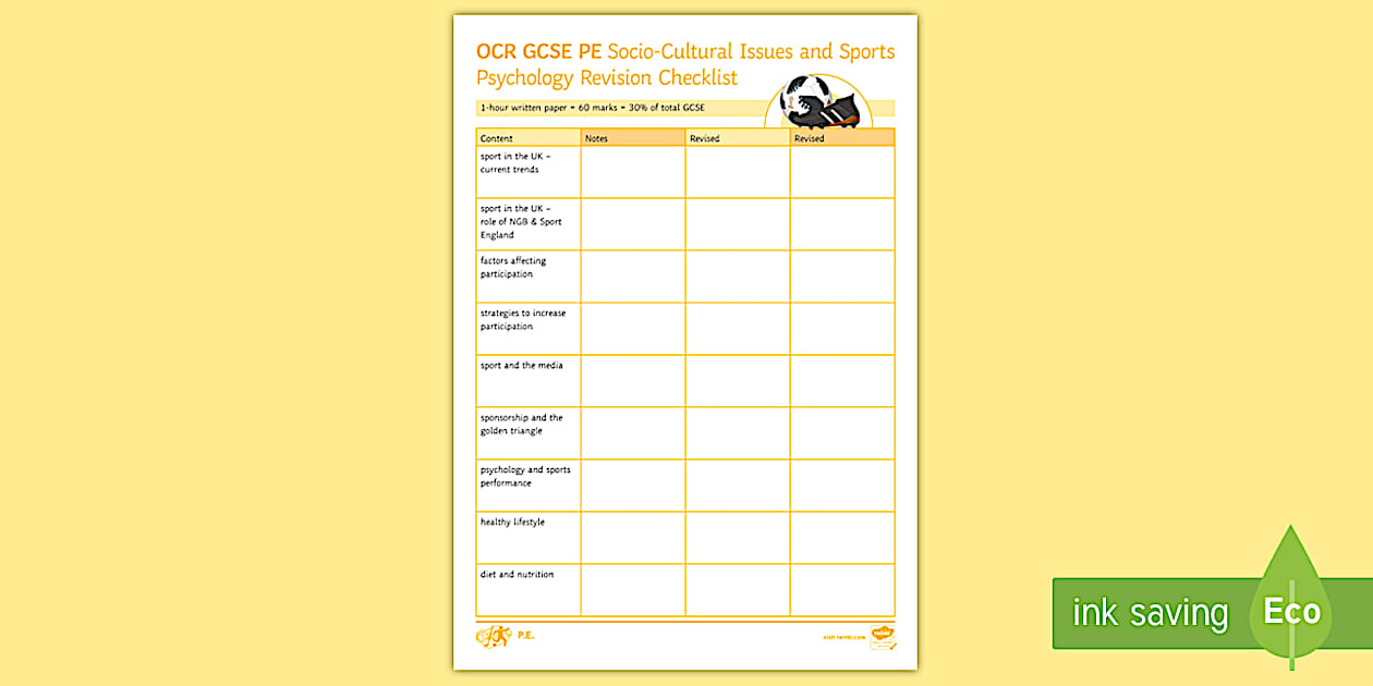 GCSE PE: Socio-Cultural Issues and Sports Psychology Revision Checklist