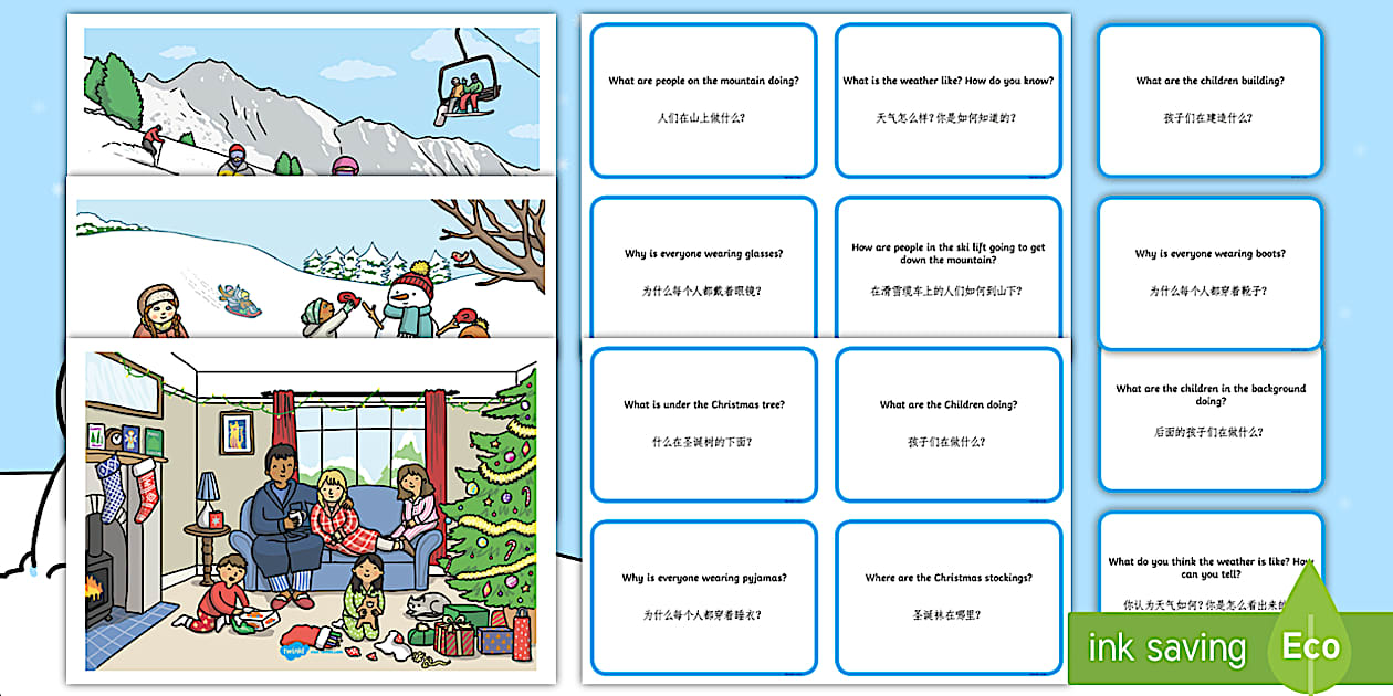 Winter Scene and Question Cards English/Mandarin Chinese