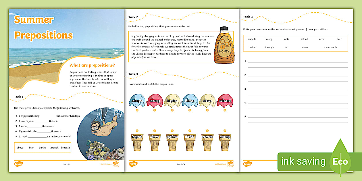 Summer Prepositions Activity Sheets (Teacher-Made) - Twinkl