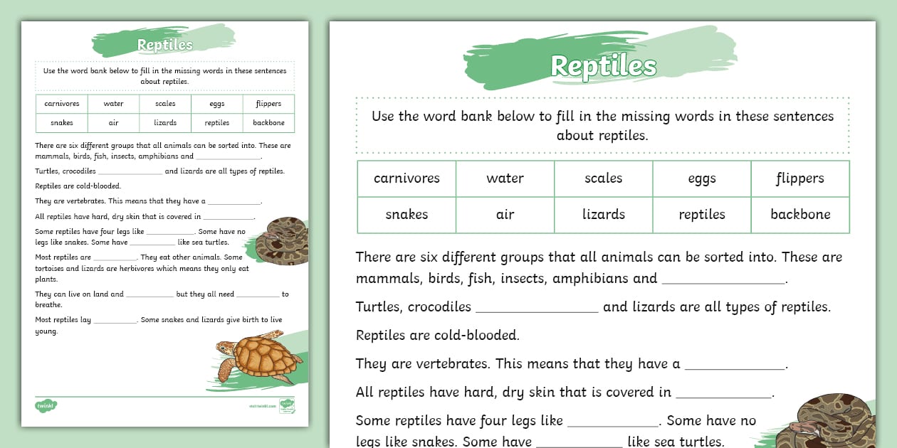 Reptiles Cloze Activity - Twinkl - KS1 (teacher made)