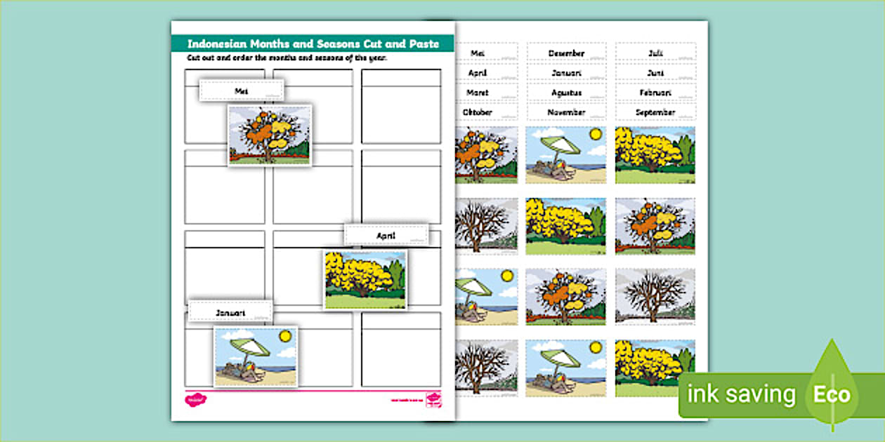 Months of the Year and Seasons Cut and Paste Worksheet Indonesian