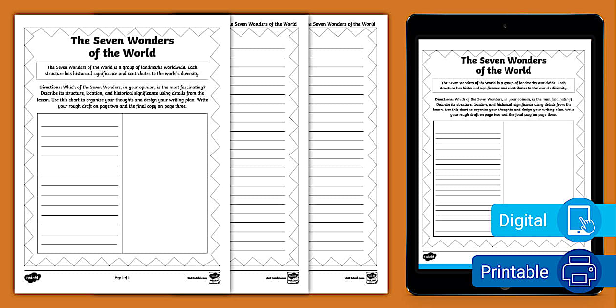 The Seven Wonders of the World Reflective Writing Worksheet for 6th-8th ...