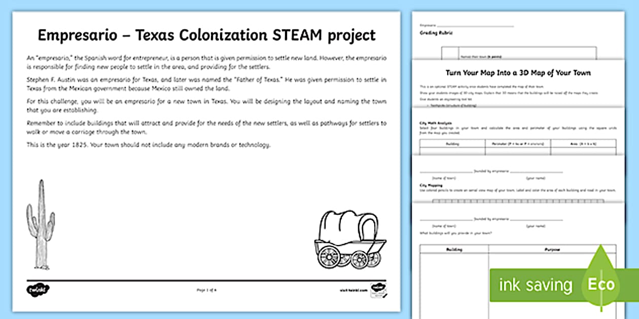 Texas Empresario Town Design STEAM Activity (Teacher-Made)