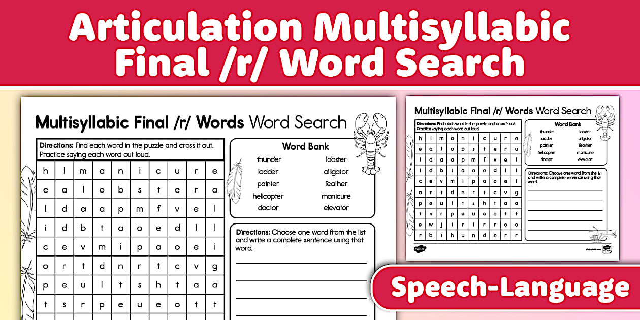 Articulation Multisyllabic Final /r/ Words Word Search
