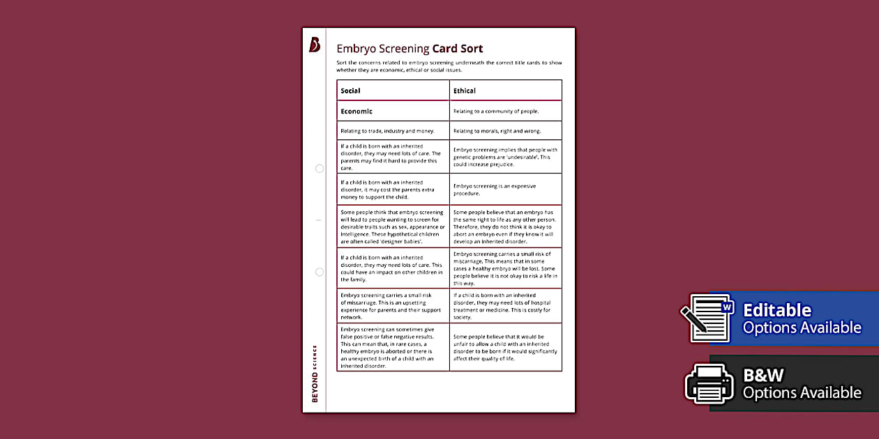 Embryo Screening Card Sort (teacher made) - Twinkl