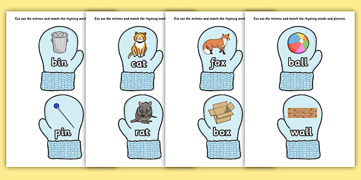Matching Rhyming Words and Pictures on Mittens - Twinkl
