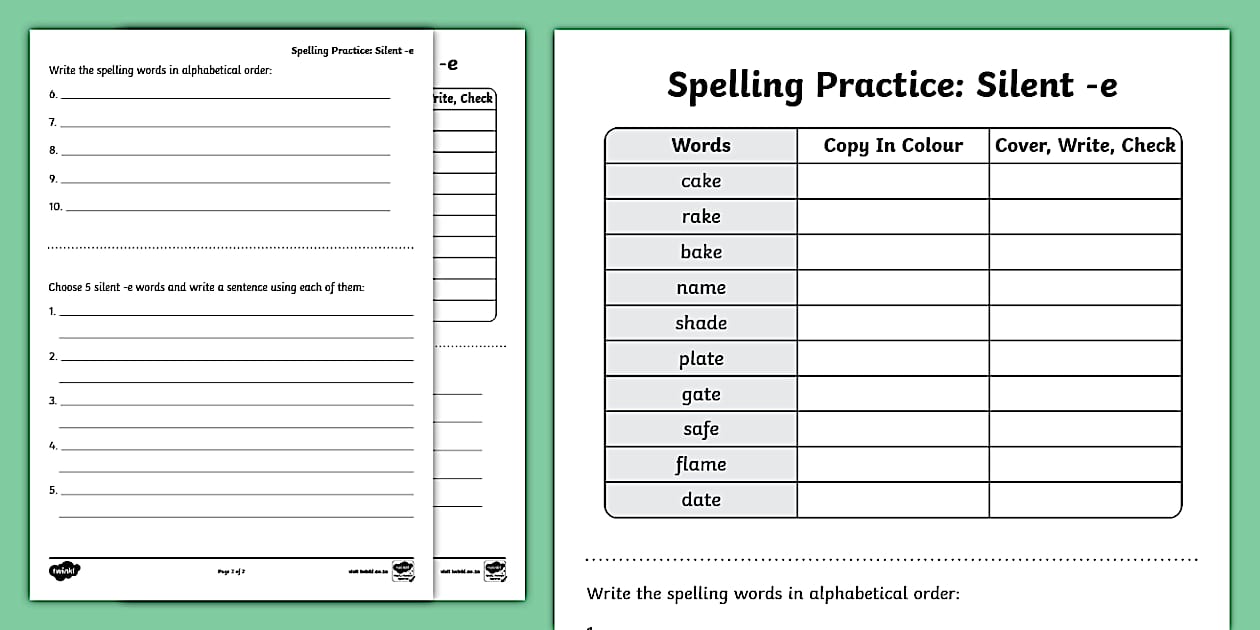 Grade 3 Silent e Phonics Spelling Practice Sheets - Twinkl