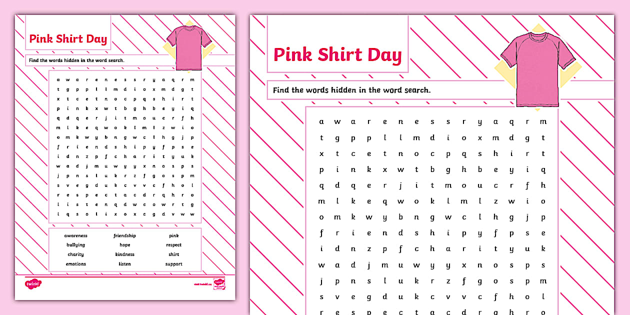 Grades 4-6 Pink Shirt Day Word Search | Twinkl - Twinkl