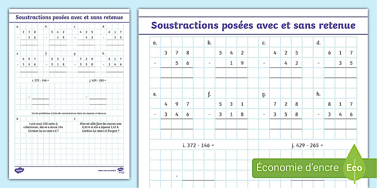Soustractions posées à trois chiffres avec et sans retenue