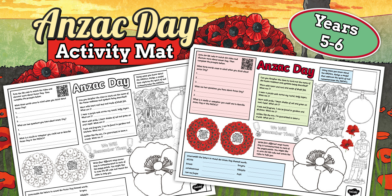 Anzac Day Activity Mat Years 5-6
