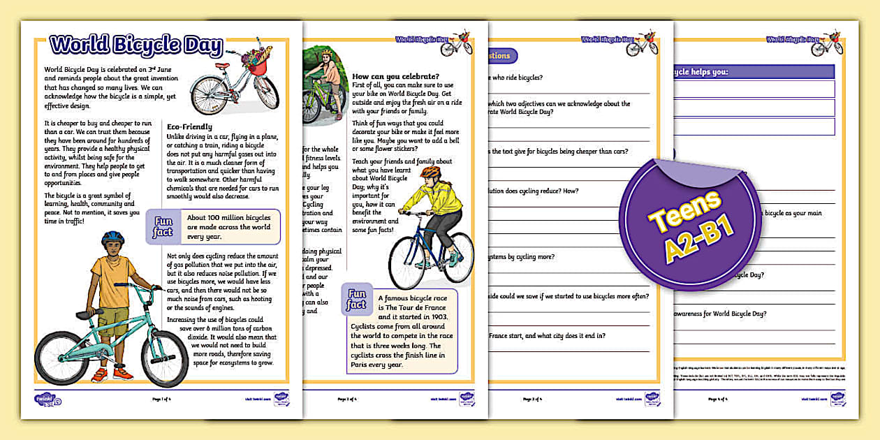 ESL June Reading Comprehension: World Bicycle Day [Teens, A2-B1]