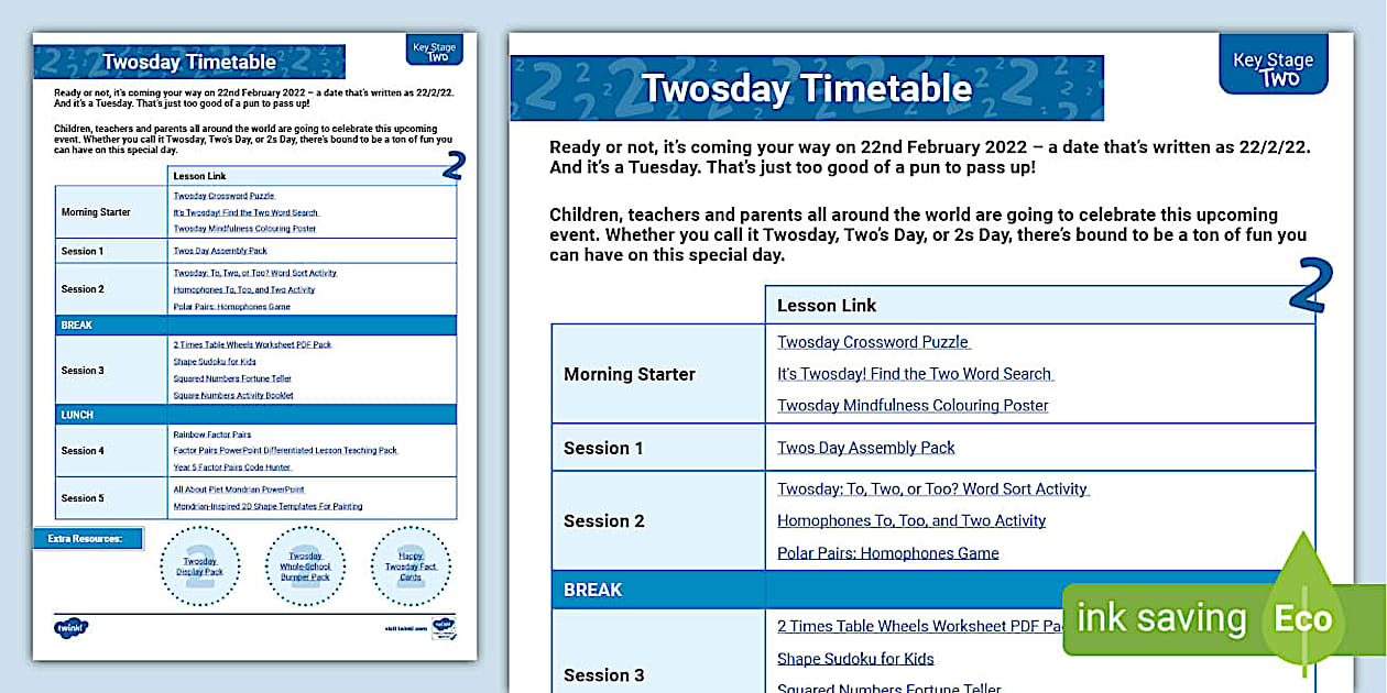 Twosday Activity Timetable (teacher made) - Twinkl