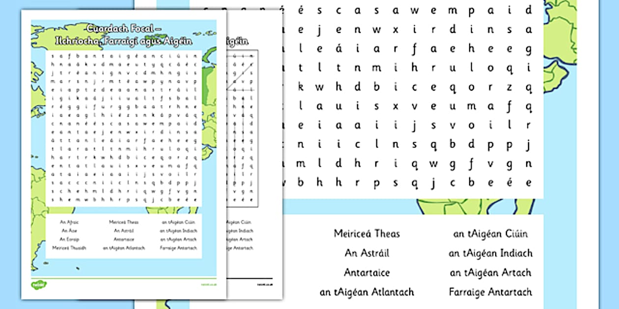 Black and White Irish Gaeilge Ilchríocha Farraigí agus Aigéin Word Search