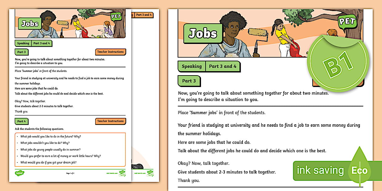 ESL B1 PET Speaking Part 3 and 4 Practice (Jobs) - Twinkl