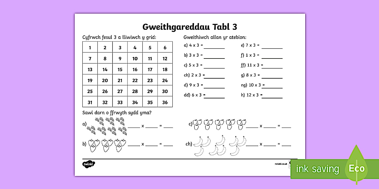Taflen Weithgaredd Tabl 3 (teacher made) - Twinkl