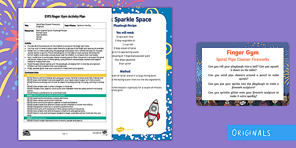 EYFS Spiral Pipe Cleaner Fireworks Sculpture Finger Gym Plan and Prompt ...