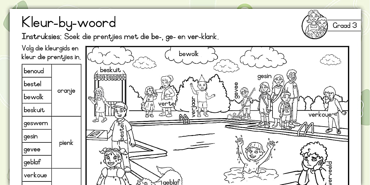 Graad 3 Klanke Hersiening Inkleurprent be-, ge-, ver-