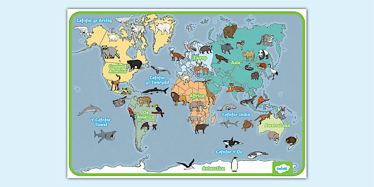 Poster Arddangos Map y Byd yn Dangos Cynefinoedd Anifeiliaid