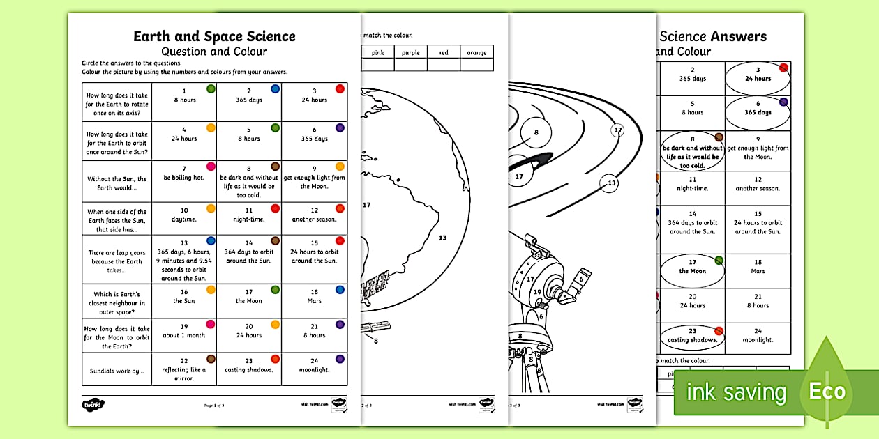 Year 3 Earth and Space Science Questions and Colouring Worksheet