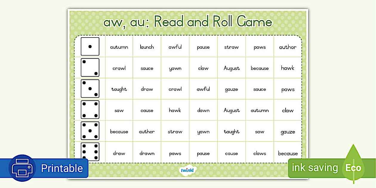 Grade 3 Phonics: aw au: Roll and Read Game (teacher made)