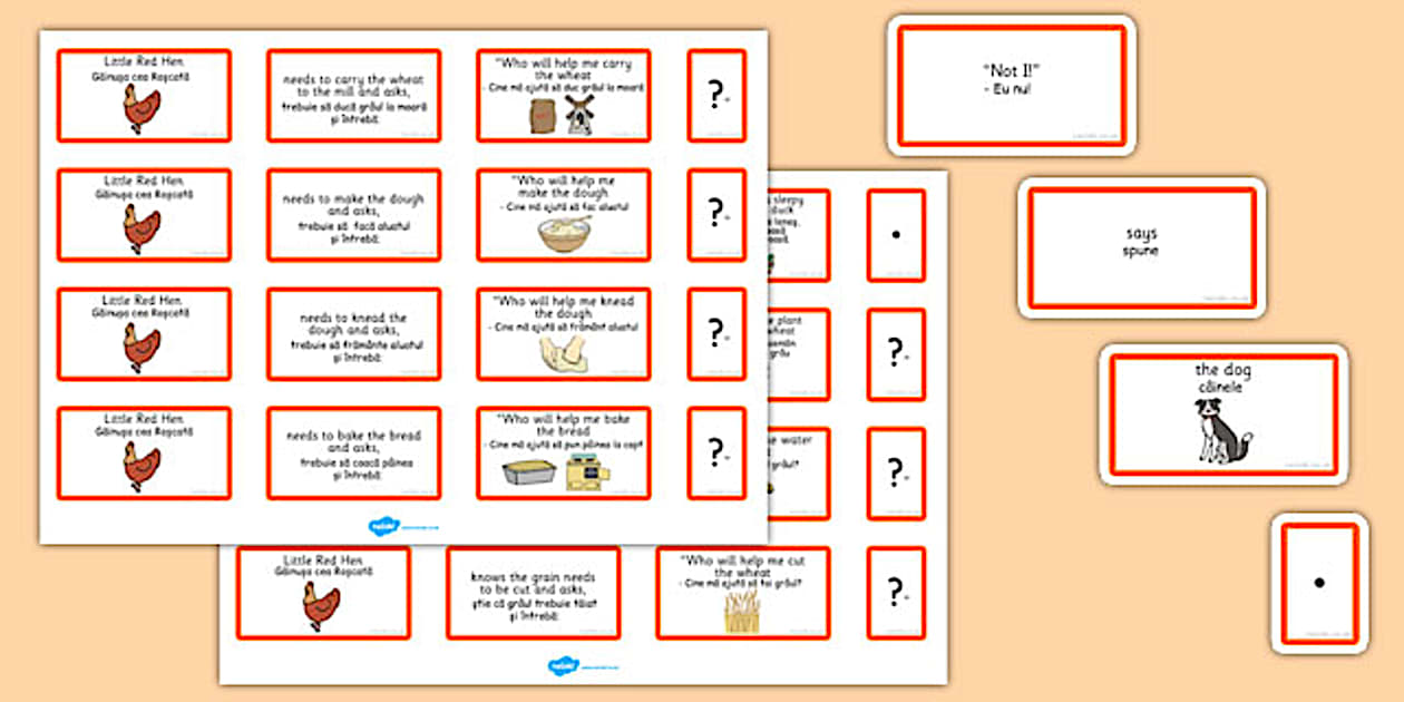 The Little Red Hen Sentence Building Cards Romanian Translation