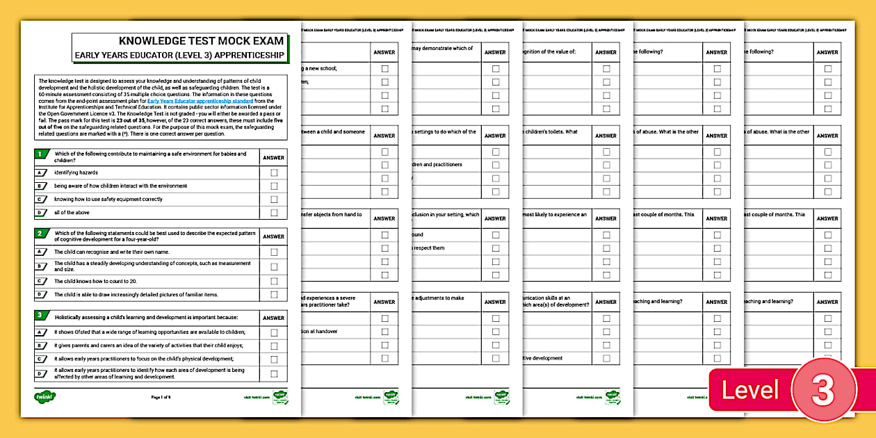 Early Years Educator Level 3 Mock Test and Answers - Twinkl