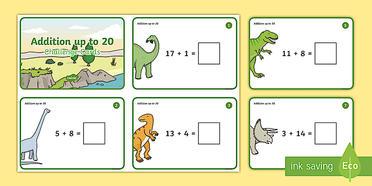 Dinosaur Themed Addition up to 20 Challenge Cards - Dinosaur Themed ...