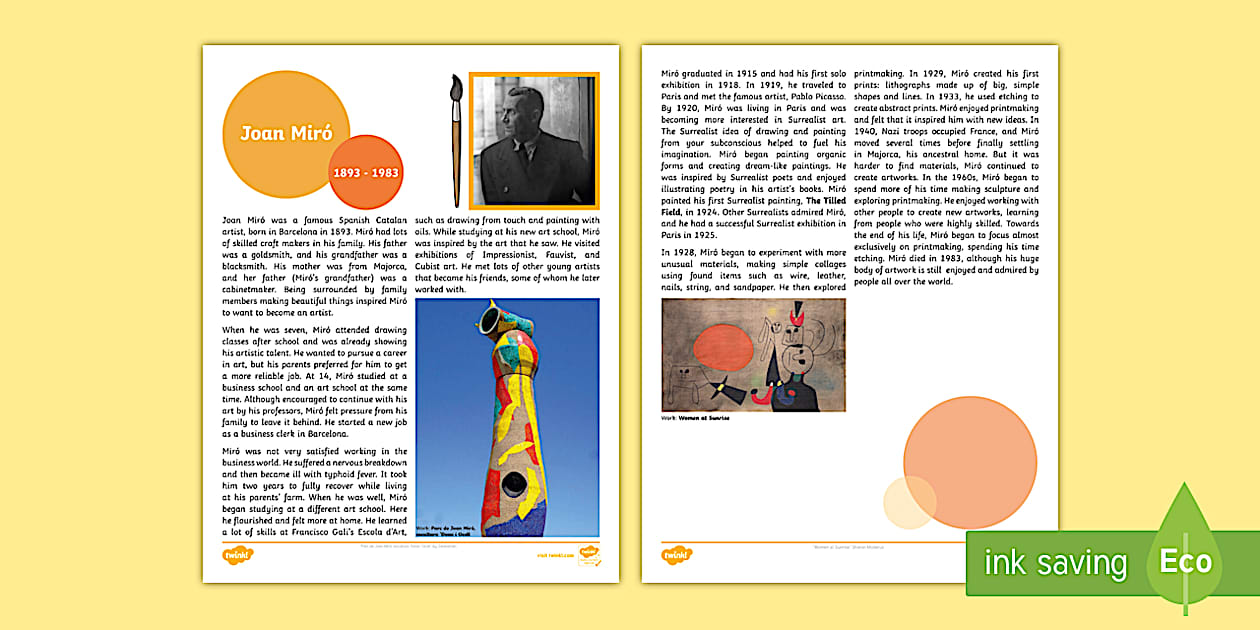 Artist Fact Sheet Joan Miró - Twinkl