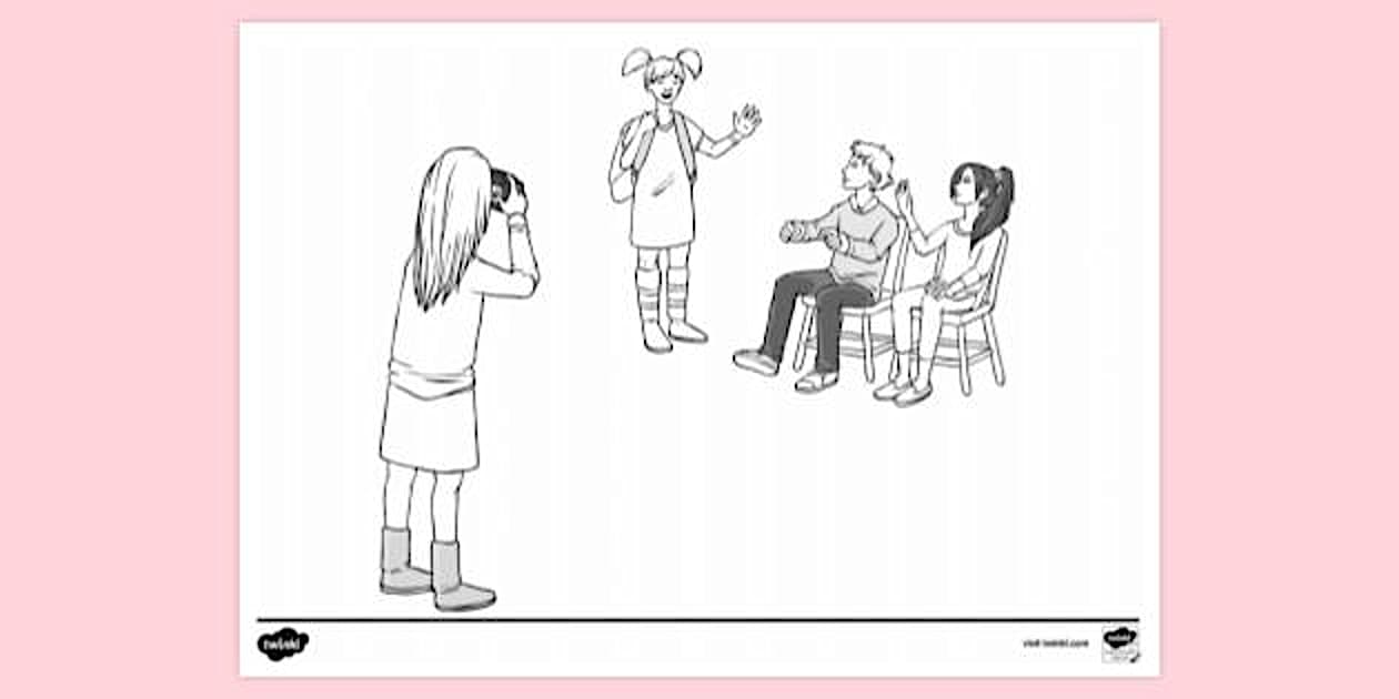 Child Taking a Photo of Three Children Colouring Sheet