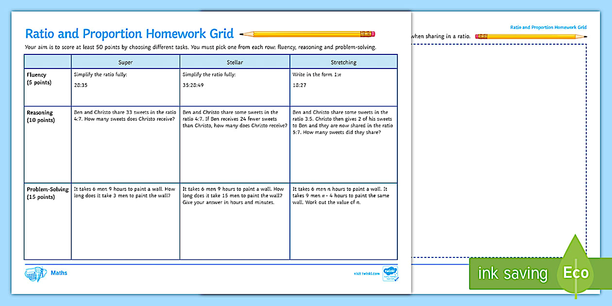 Ratio and Proportion Mastery Homework Grid (Teacher-Made)