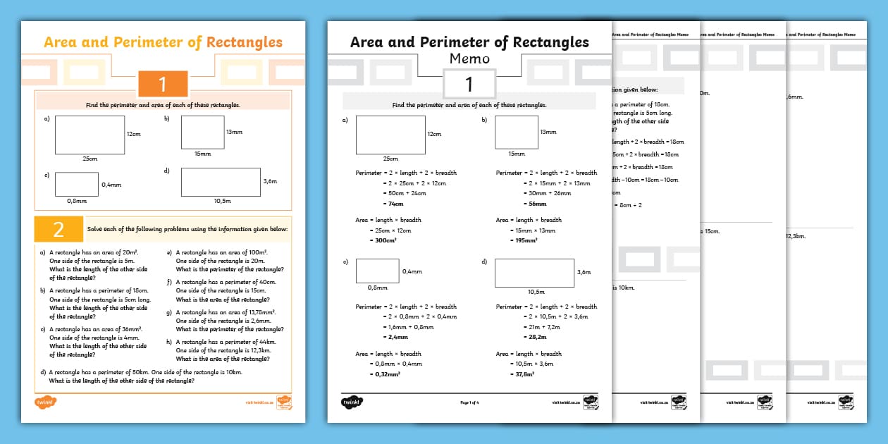 Area and Perimeter of Rectangles Worksheet | Twinkl ZA