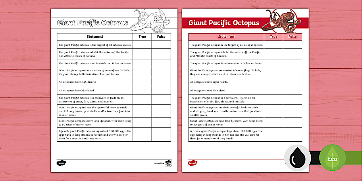 Giant Pacific Octopus True or False Activity - Twinkl