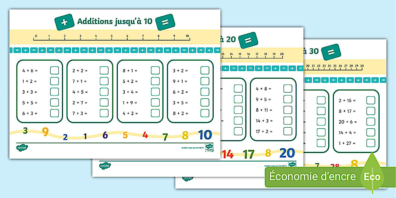 Activité de calcul d'additions jusqu'à 10, 20 et 30