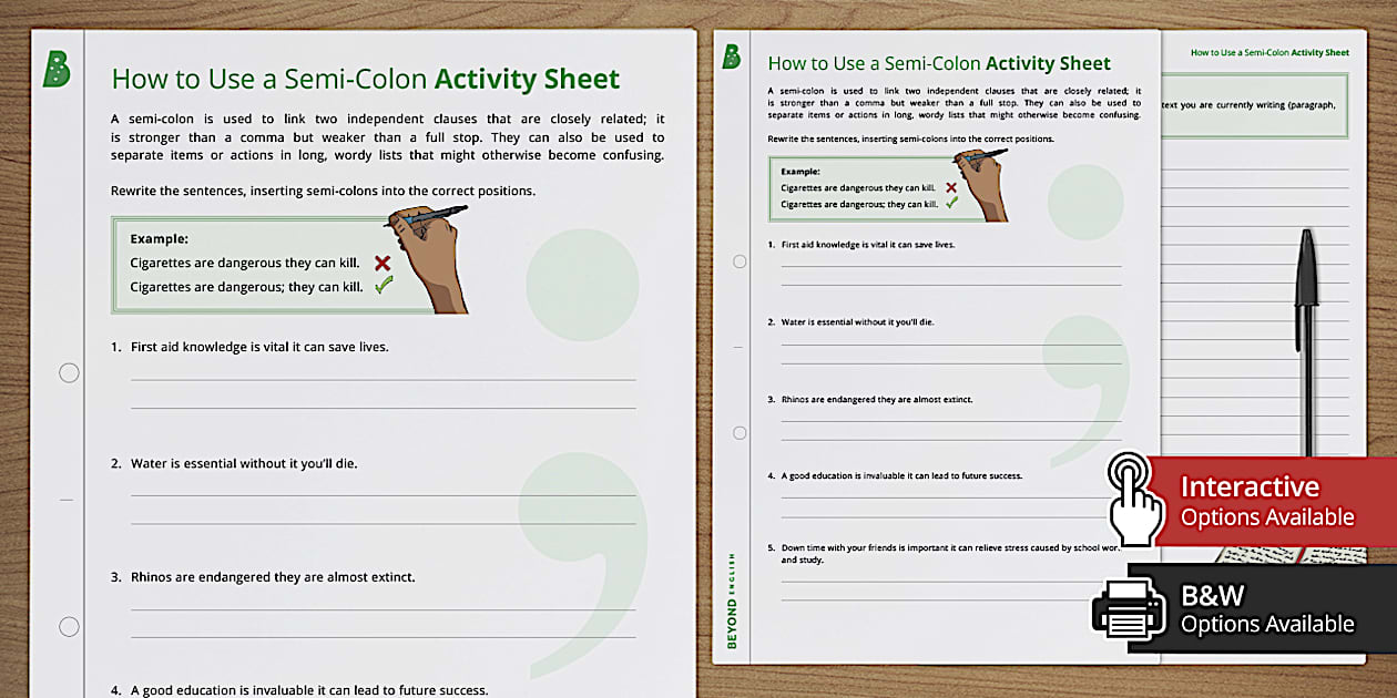 How to Use a Semi-colon Activity Sheet (teacher made)