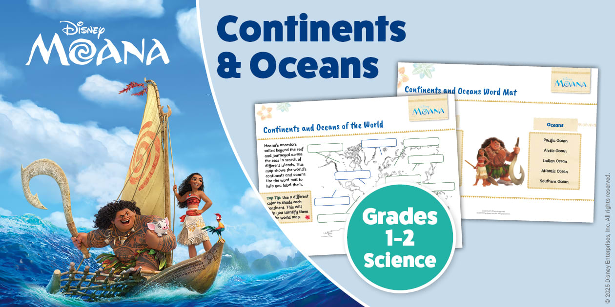 Moana: Continents and Oceans Labeling Activity 1st-2nd Grade