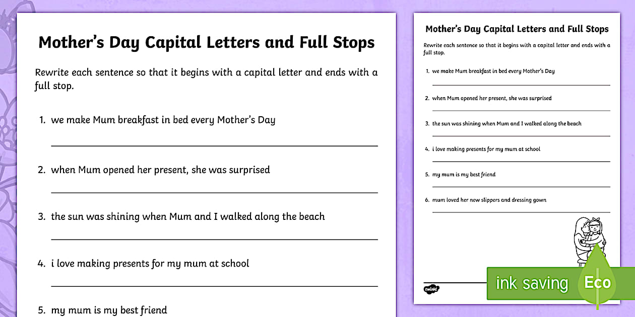 Mother's Day Capital Letters and Full Stops Worksheet / Worksheet