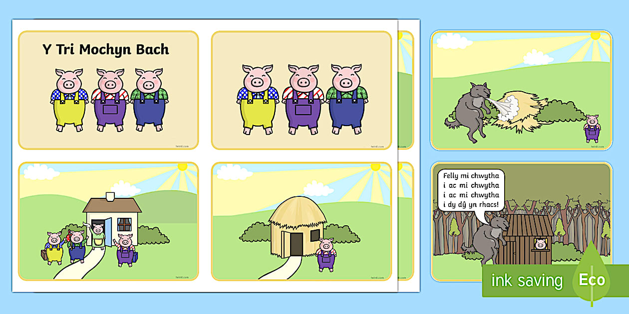 Trefnu Stori Y Tri Mochyn Bach (4 i bob A4 gyda Swigod Siarad)