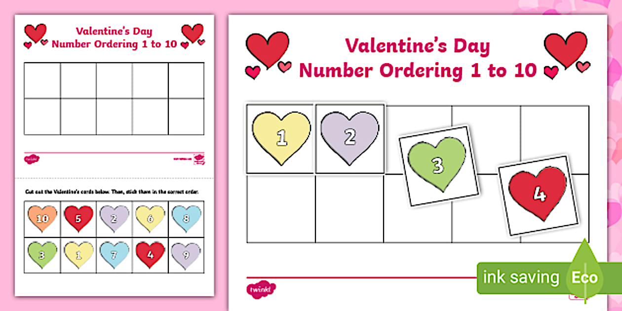 Editable Valentine’s Day Cut and Stick Number Ordering Sheet 1 to 10