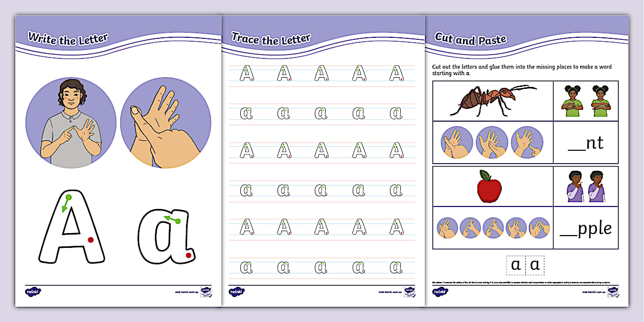 Letter A Handwriting Worksheets with Auslan