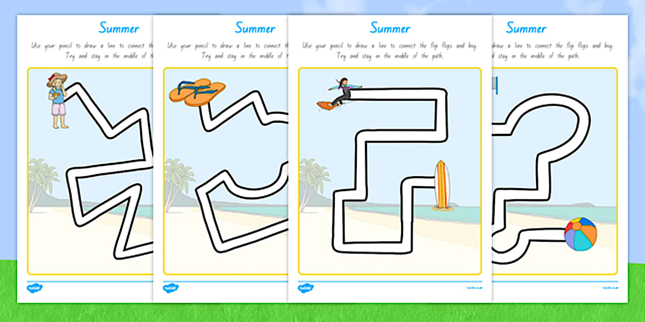 Summer Pencil Control Path Worksheets (Teacher-Made)