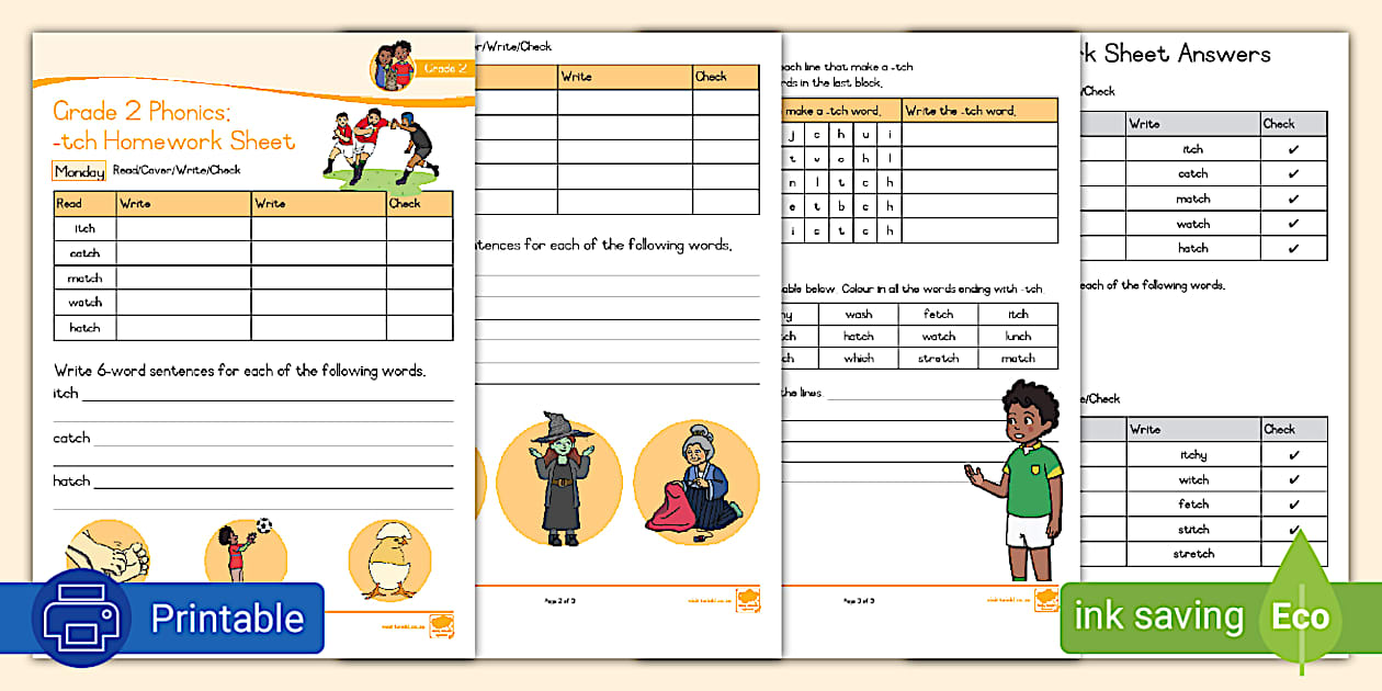 Grade 2 Phonics: -tch Homework Sheet (Teacher-Made) - Twinkl